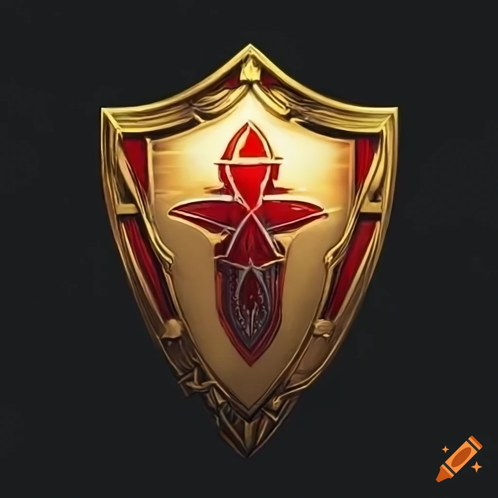 Legendary shield with golden and white design and a faint red emblem on ...