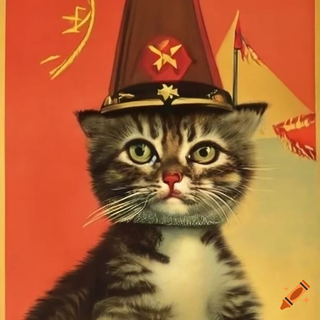 Soviet propaganda posters featuring fluffy kittens in uniforms on Craiyon