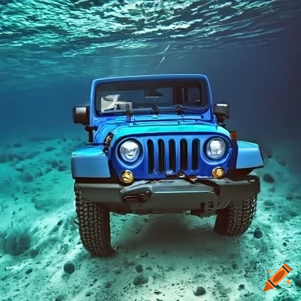 Blue jeep wrangler submerged underwater on Craiyon