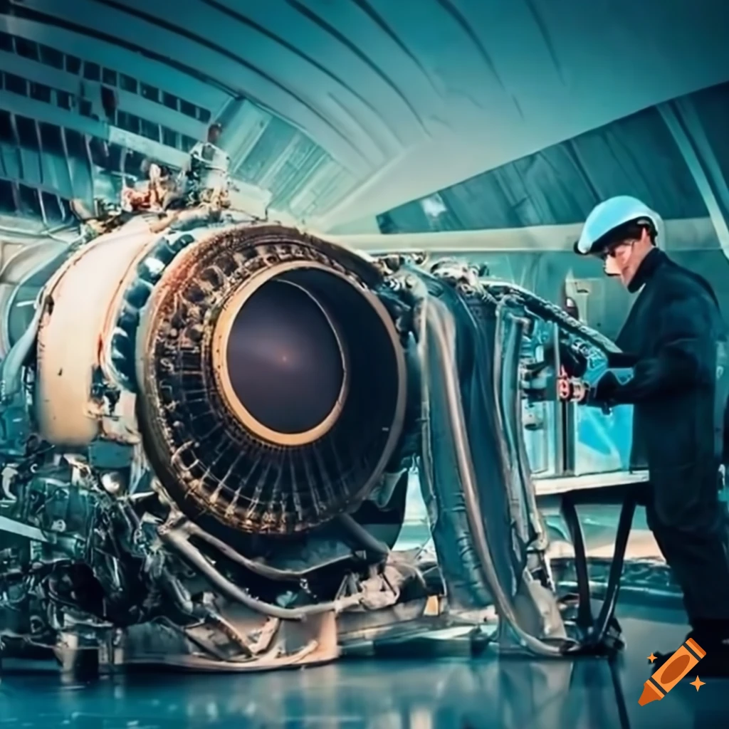 Engineers repairing an aircraft engine at hong kong airport on Craiyon