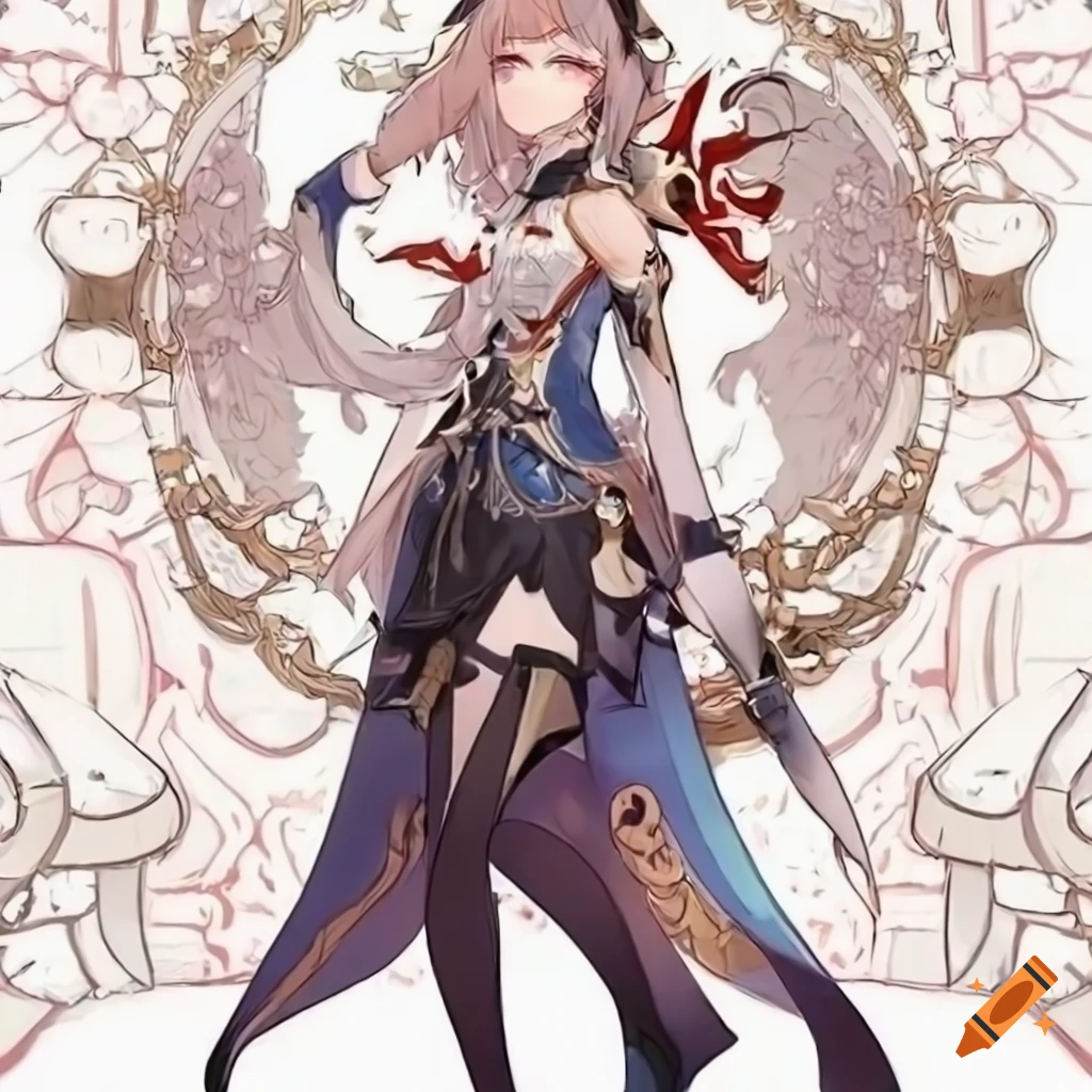 Detailed full-body anime character reference sheet with intricate ...