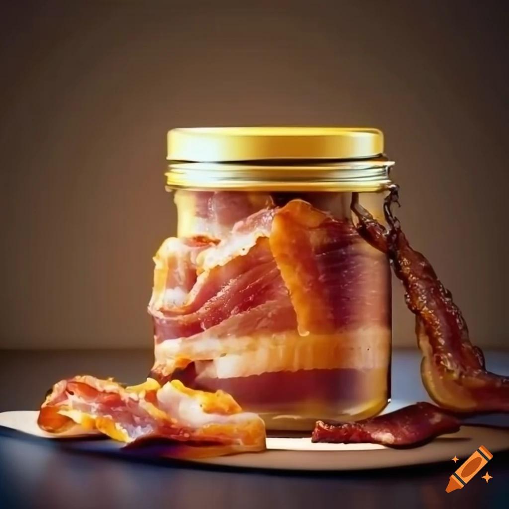 Jar of rich golden bacon fat in dimly lit kitchen on Craiyon