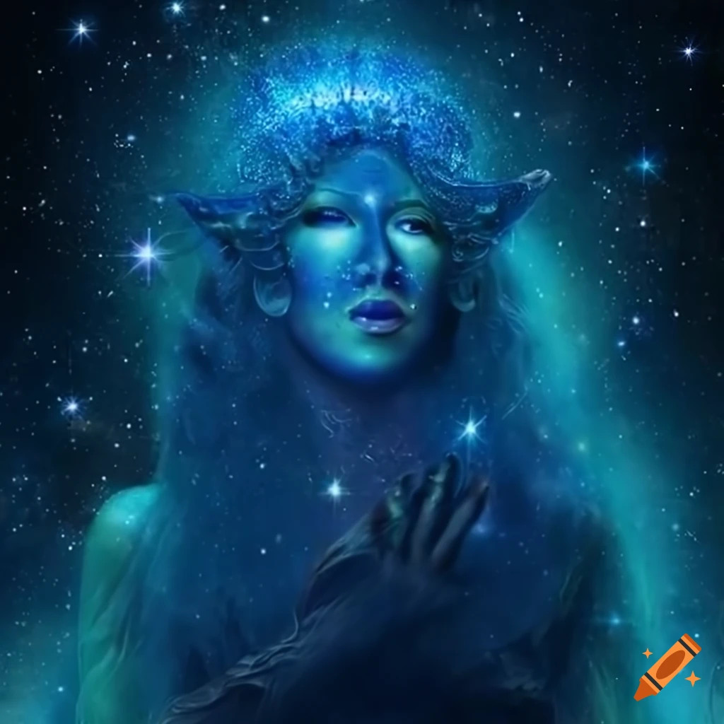 Singing starlight ritual goddess portrait with a phoenix in a blue ...
