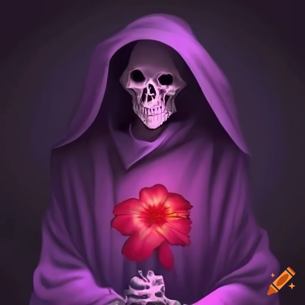 Friendly grim reaper offering a glowing flower on Craiyon