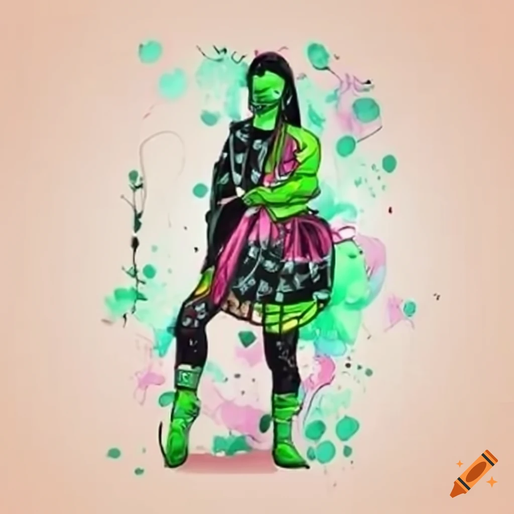 Tall and strong woman with turtle features in punk style clothing on ...