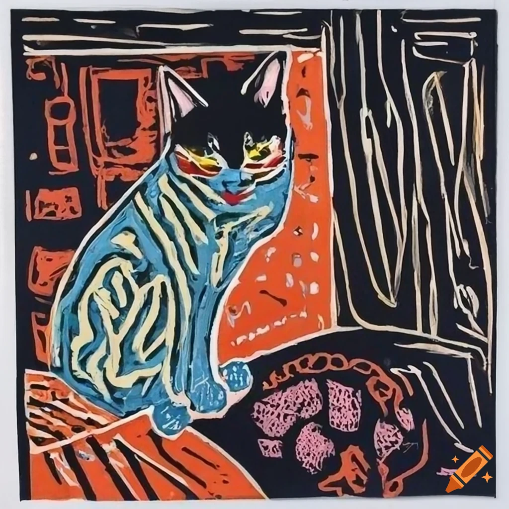 Cat hanging on the edge in colorful lino print style inspired by ...