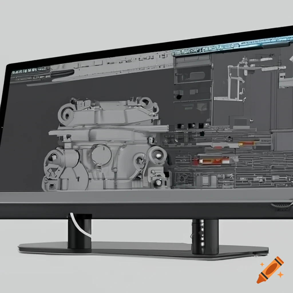 3d cad software program industrial engine model on computer screen on ...