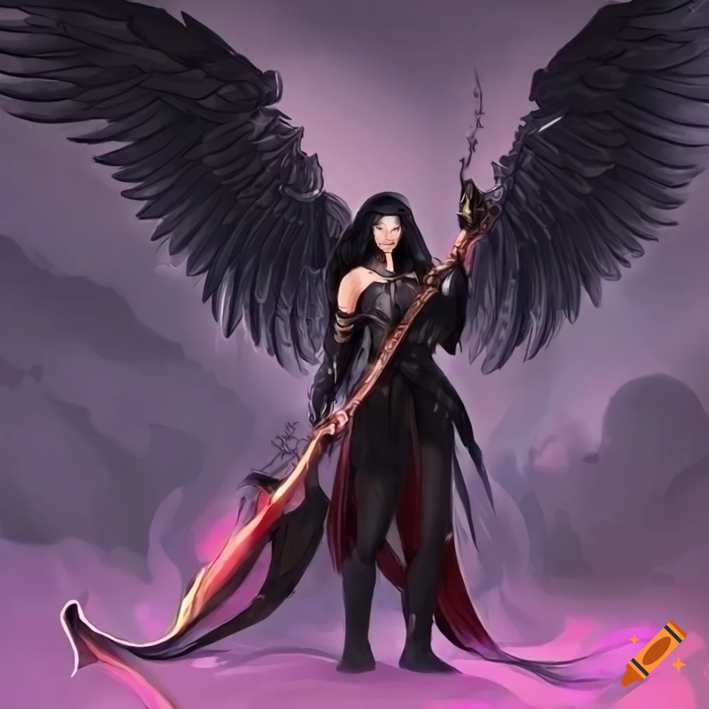 Powerful woman with black hair, wings, scythe, shield, and advanced ...