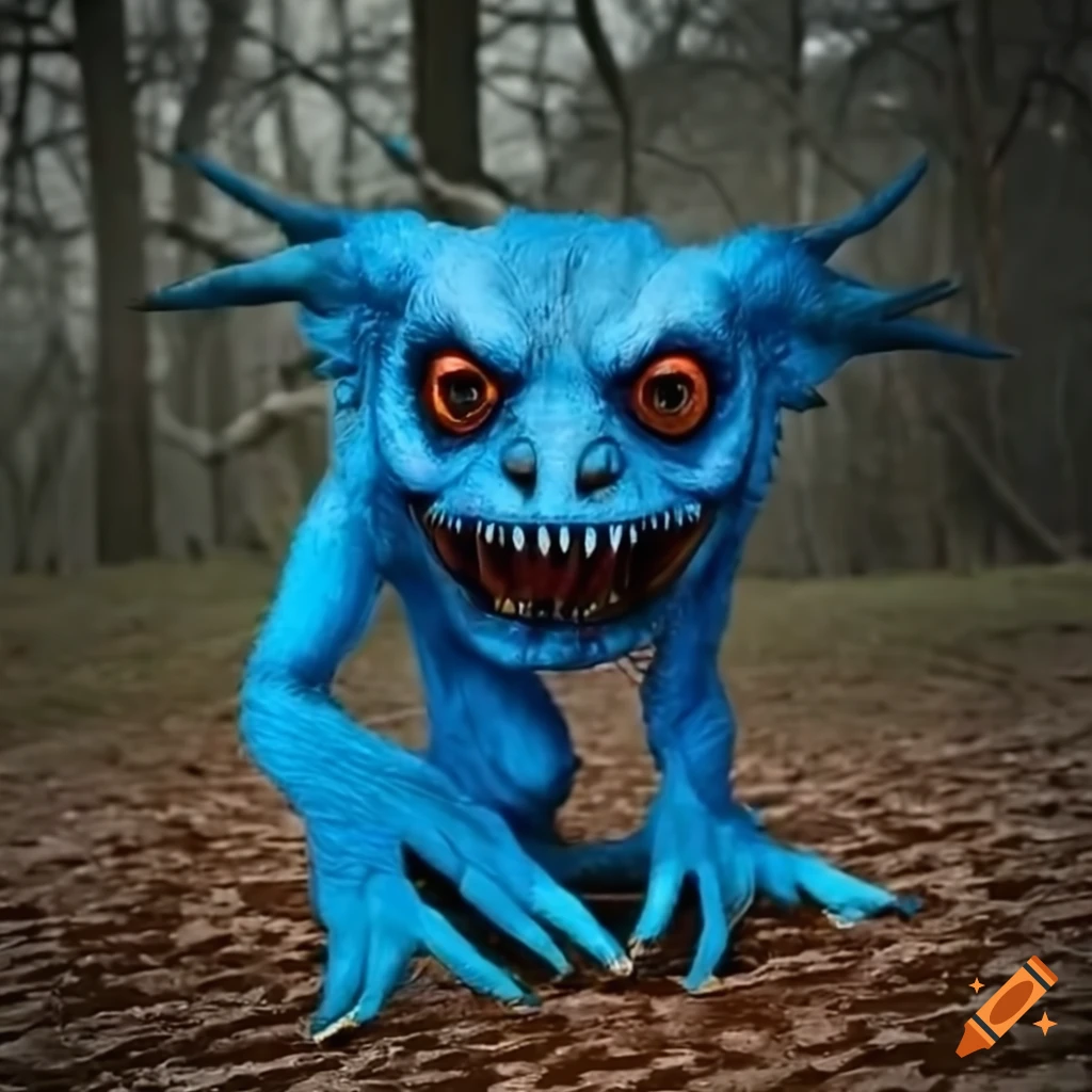 Scary big blue creature in the red forest on Craiyon