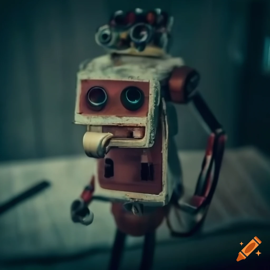 Damaged robot with tubes, wires, and buttons in a cozy room on Craiyon