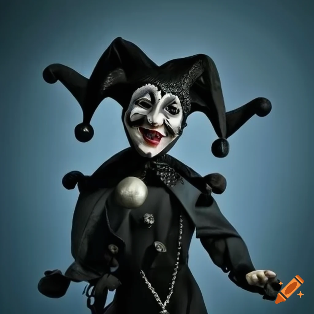Classic jester figure in black and gray suit with bells and masks on ...
