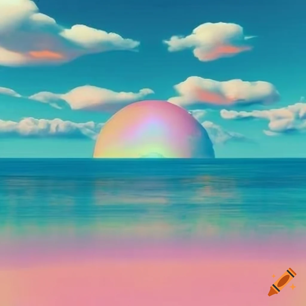 Psychedelic beach scene with blue skies, clouds, and clear water on Craiyon