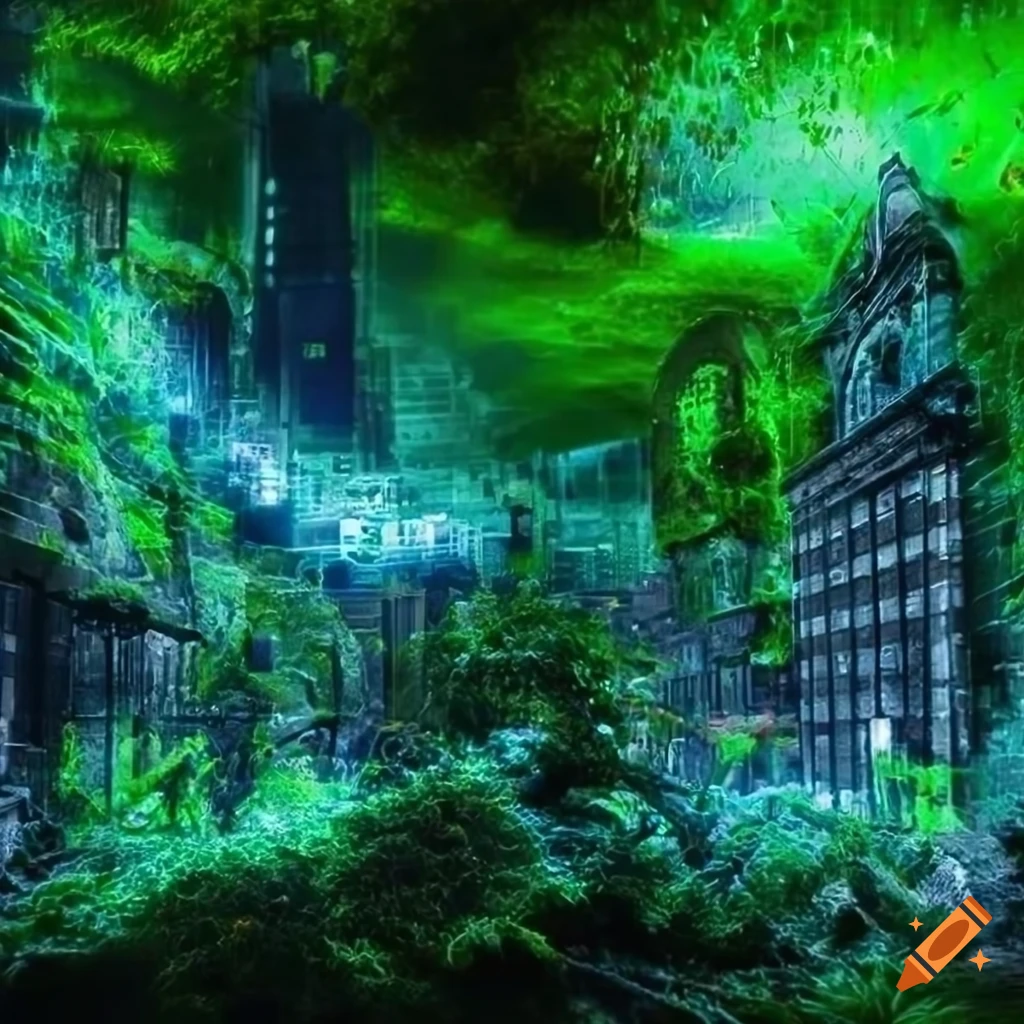 Glowing biopunk cityscape with mythical creatures, moss, plants, and ...