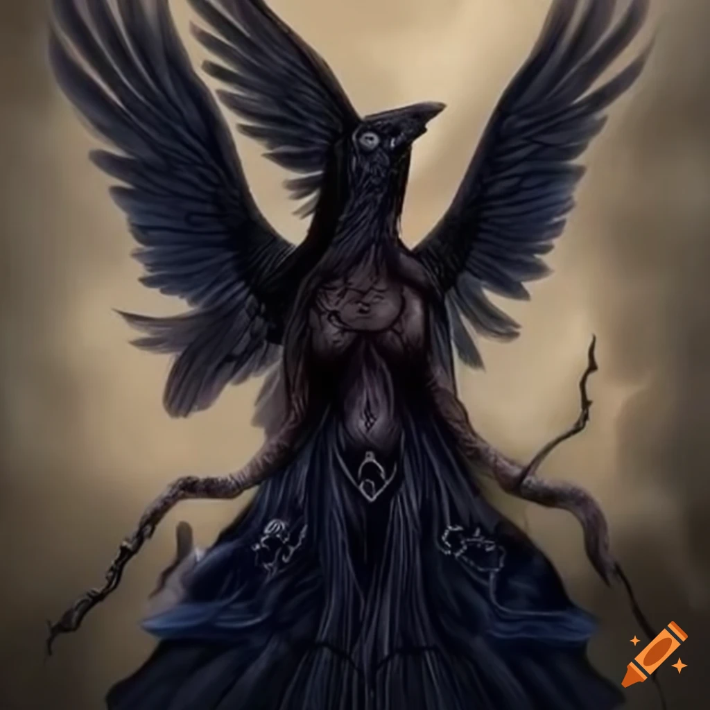Crow goddess made of black energy in a mystical concept on Craiyon