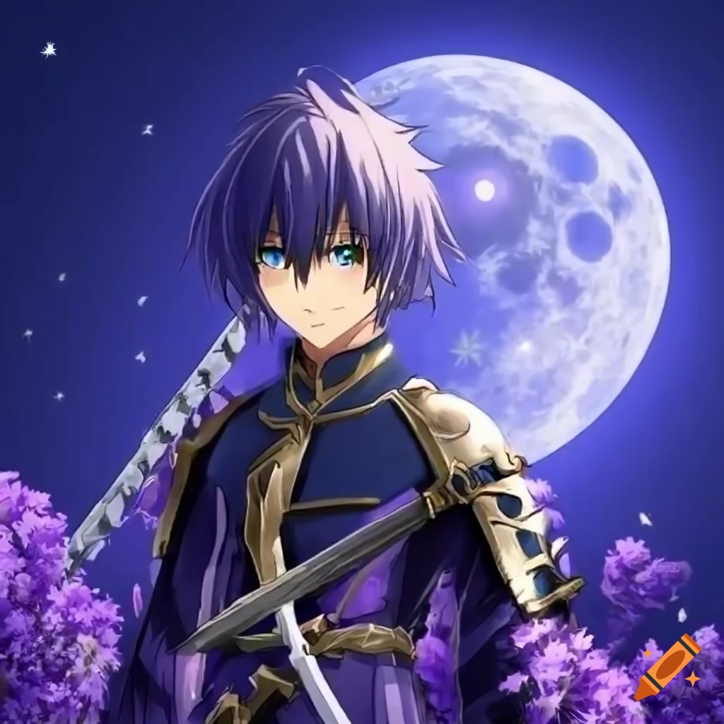 Anime-style 16-year-old male swordsman with vivid wisteria purple hair ...