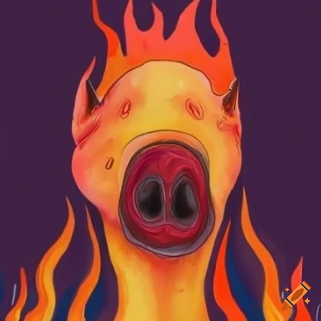 Colored drawing of a pig's nose surrounded by flames on Craiyon