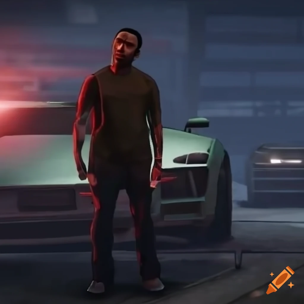 Cj standing with car in gta 5 hyper realistic image on Craiyon