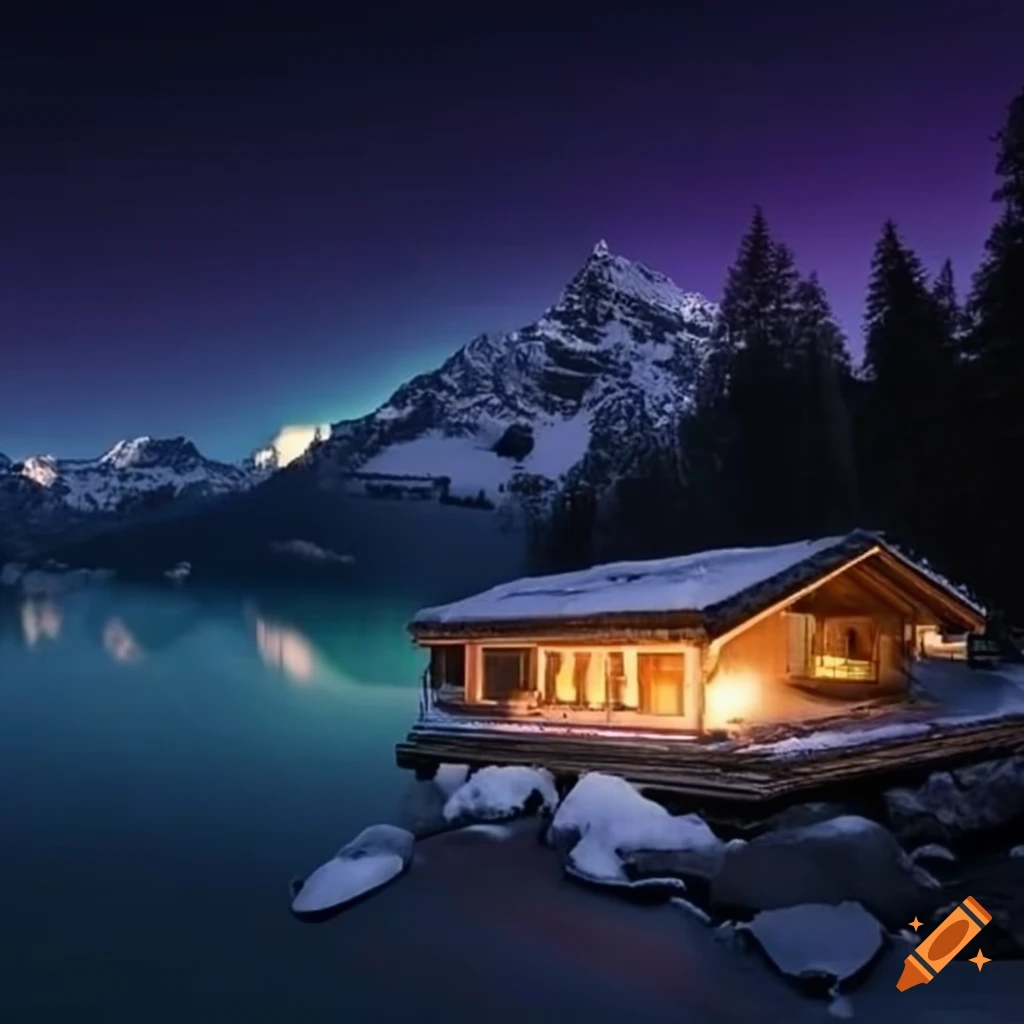 Dreamy swiss log cabin at night with northern lights and mountain range ...