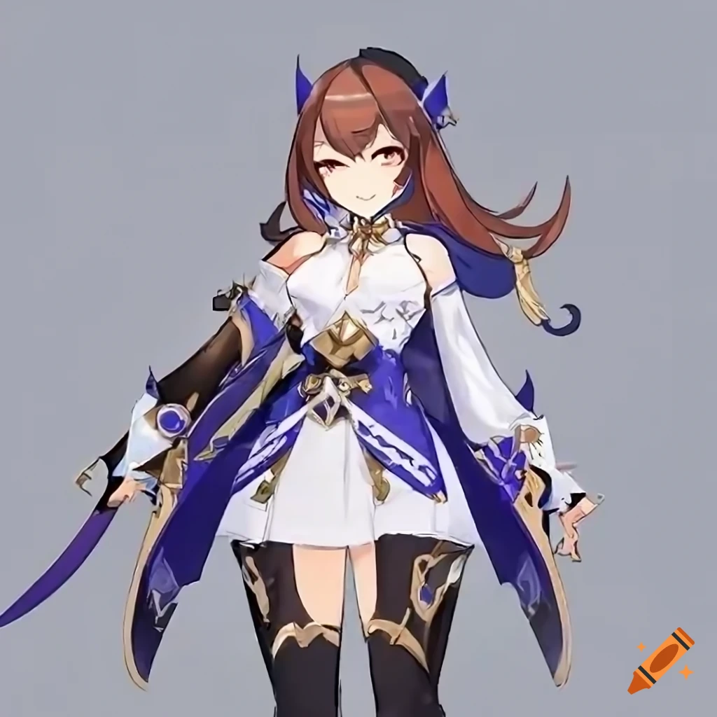 Full-body character sheet of a detailed outfit on a woman from Genshin ...