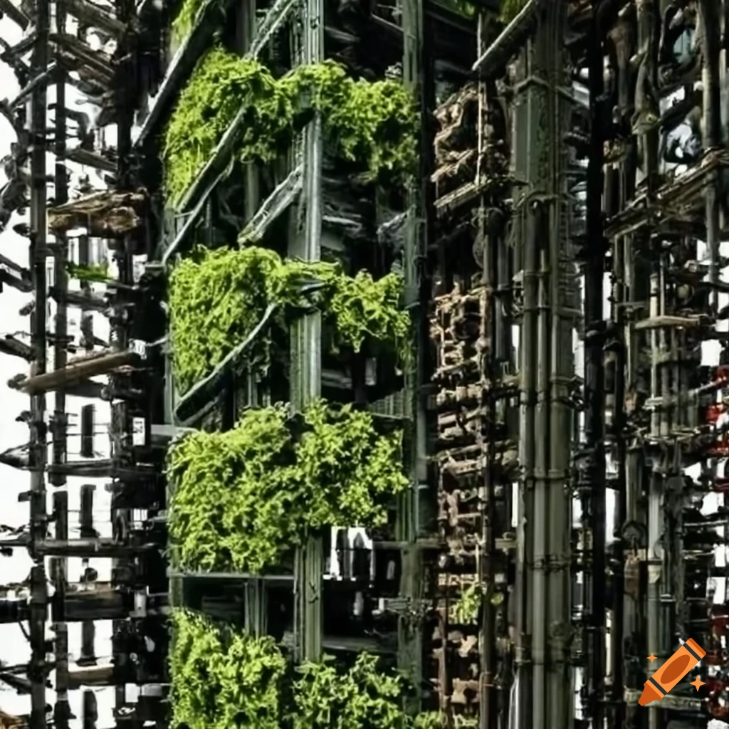 Vertical plant rack with visible gears and chains for movement on Craiyon