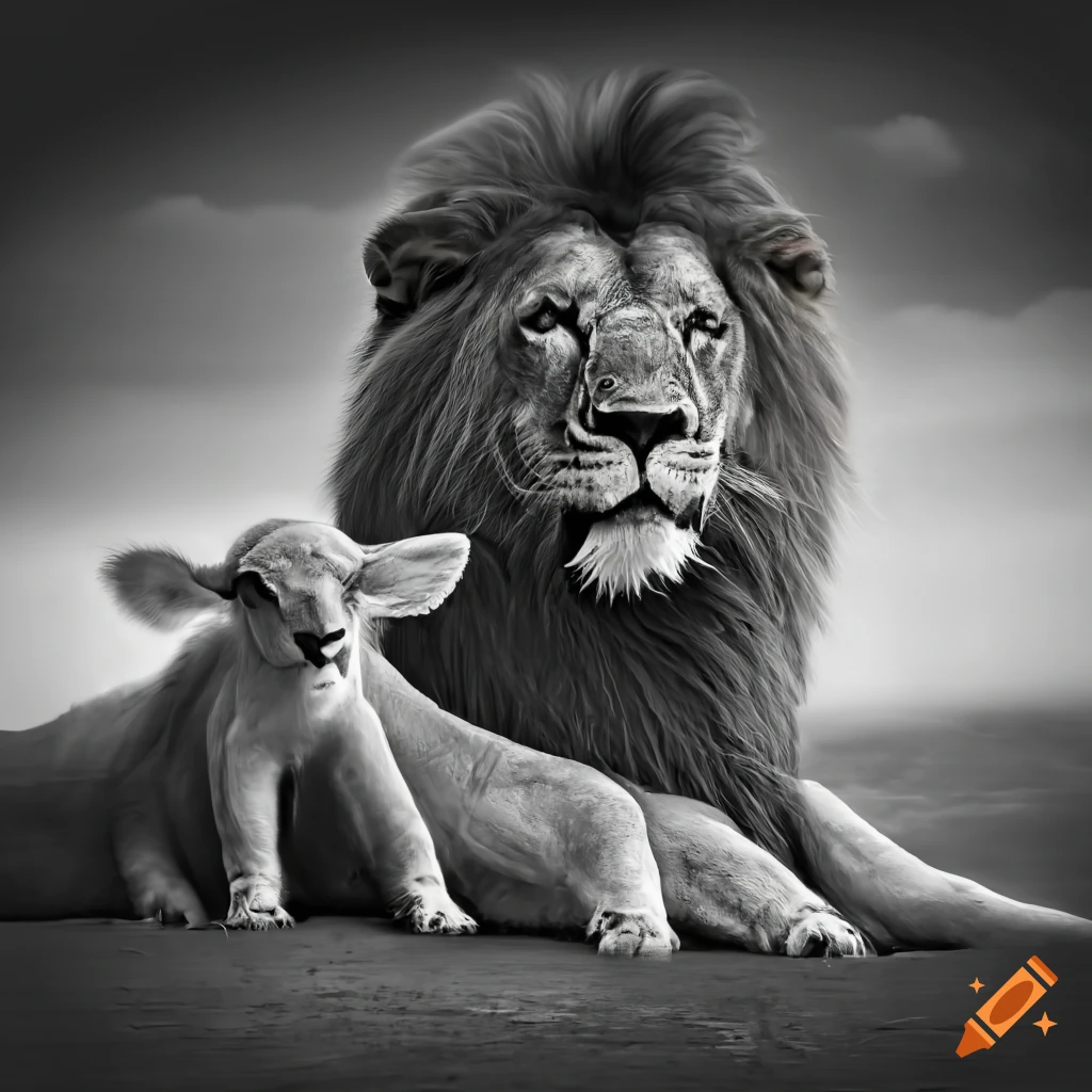 Powerful lion and gentle lamb symbolizing peace and unity at the foot ...