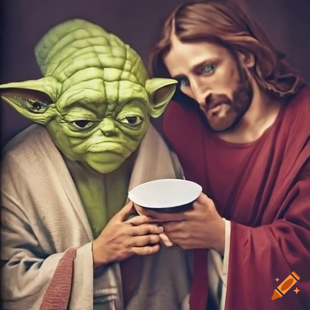 Jesus christ playing ping pong with yoda in a humorous scene on Craiyon