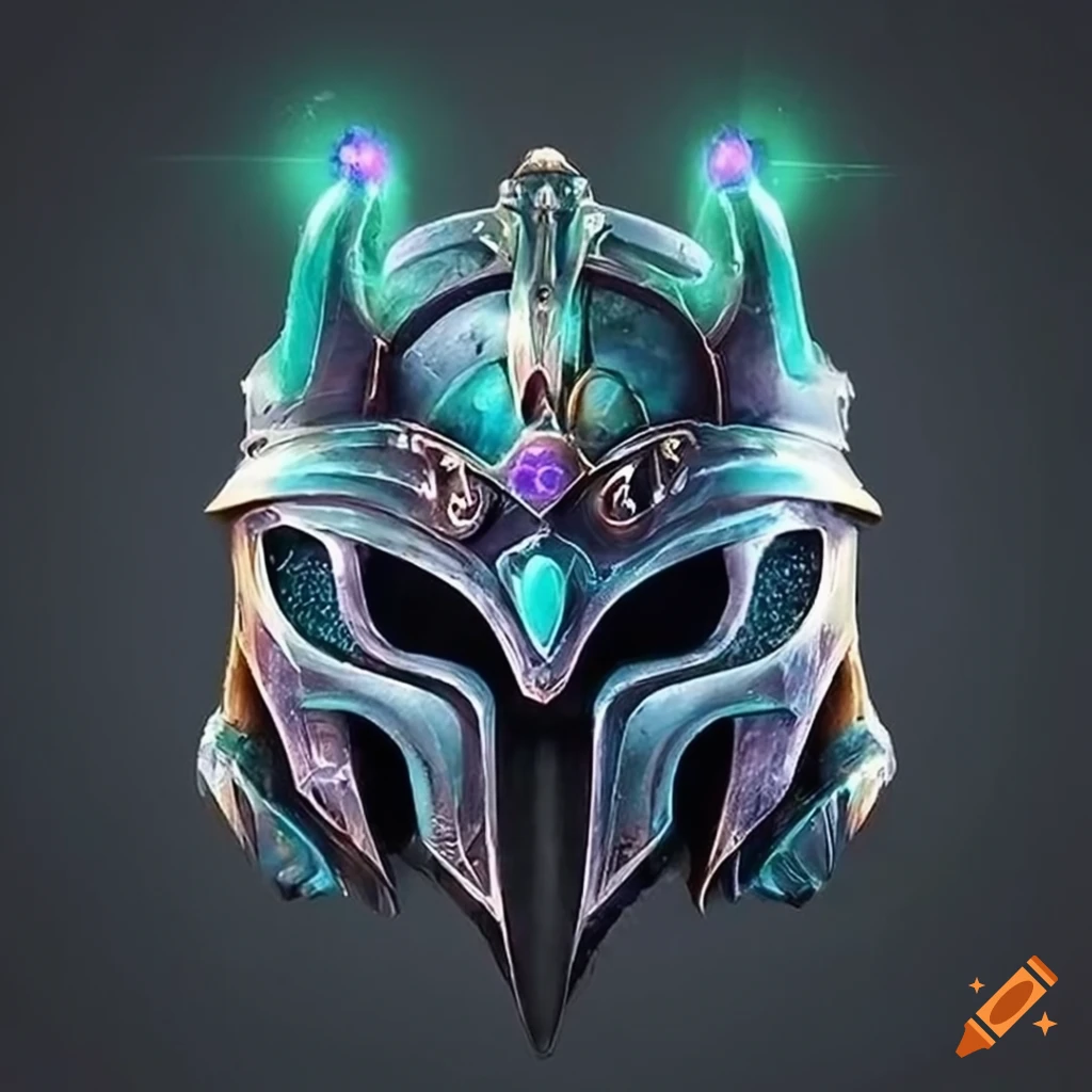 Detailed front view of a light magical open helmet in a fantasy setting ...