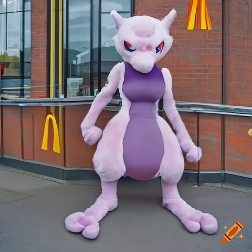 Female employee wearing full body mewtwo fursuit at mcdonalds on Craiyon