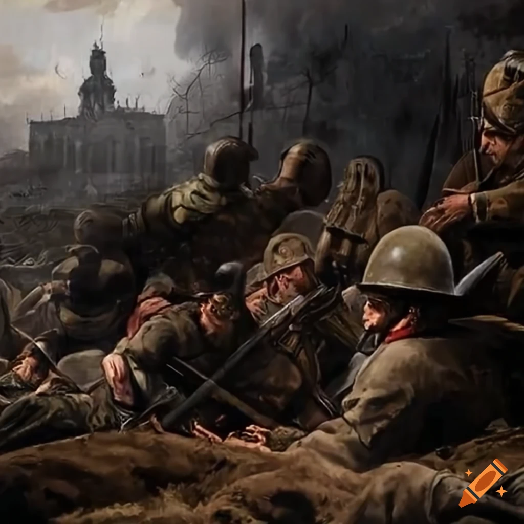 Historical battle scene with soldiers retreating and seeking cover ...