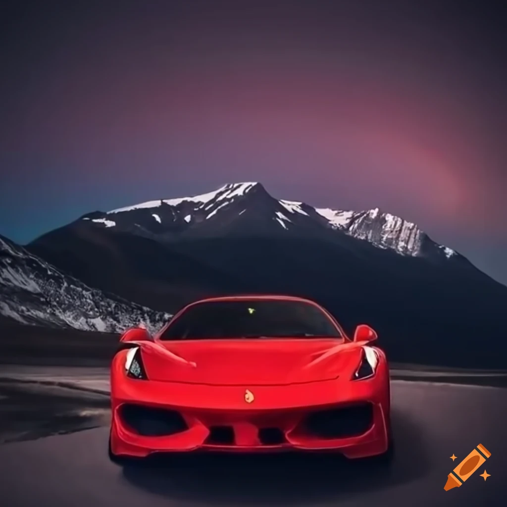 Red ferrari on a canadian mountain under a starry night sky on Craiyon