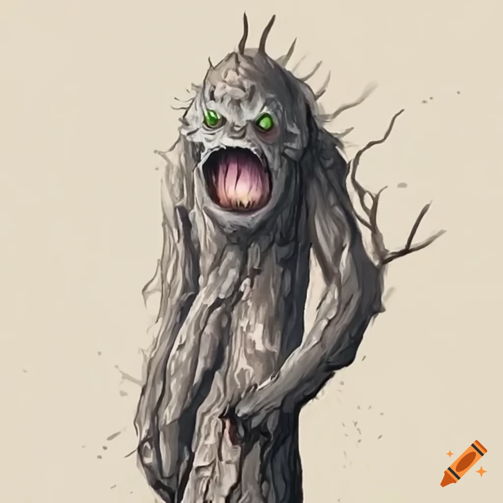 Tall grey monster holding tree bark on Craiyon