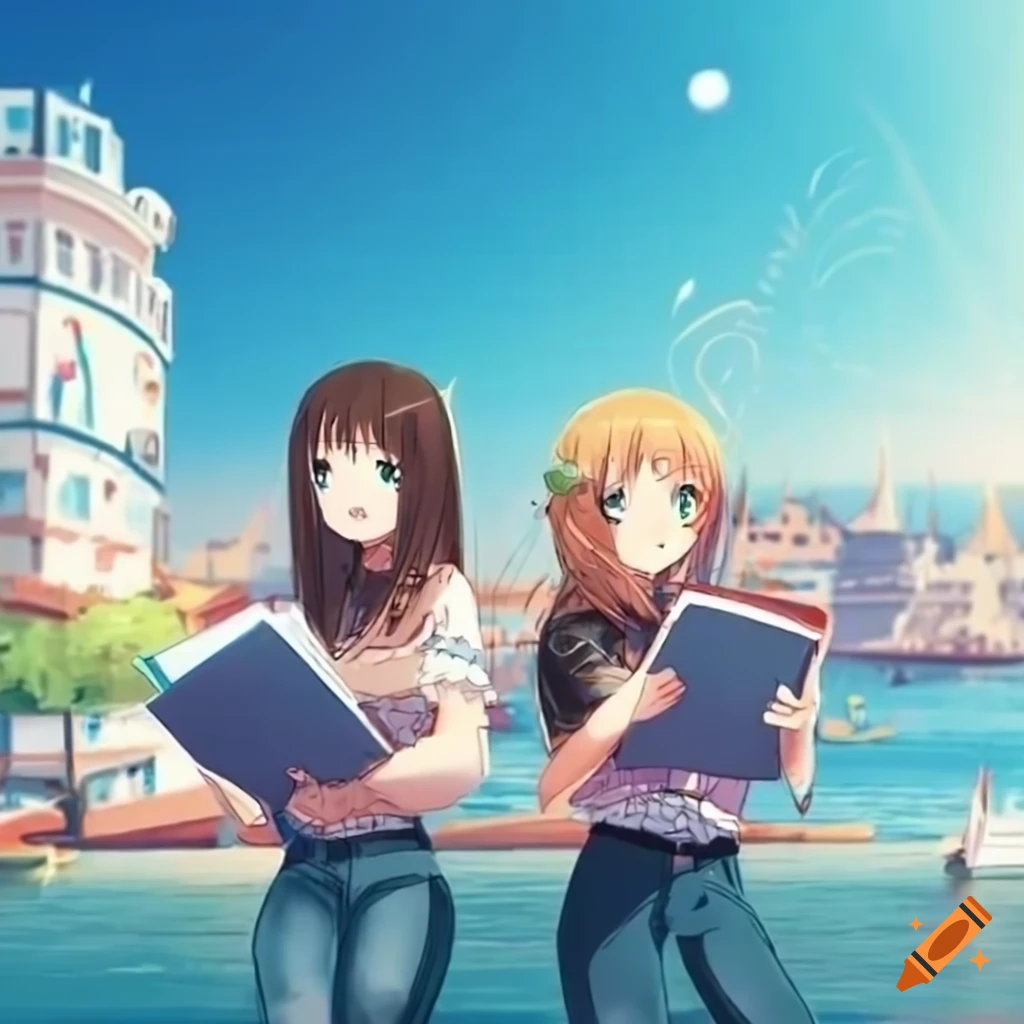 Group of cheerful anime girls studying with books at a beautiful harbor ...
