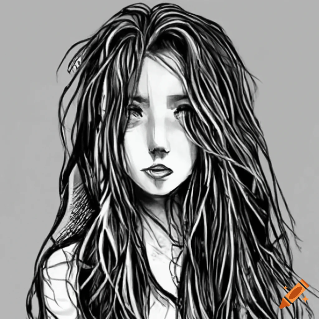 Ink drawing of a girl with tousled long hair in a dismal setting on Craiyon