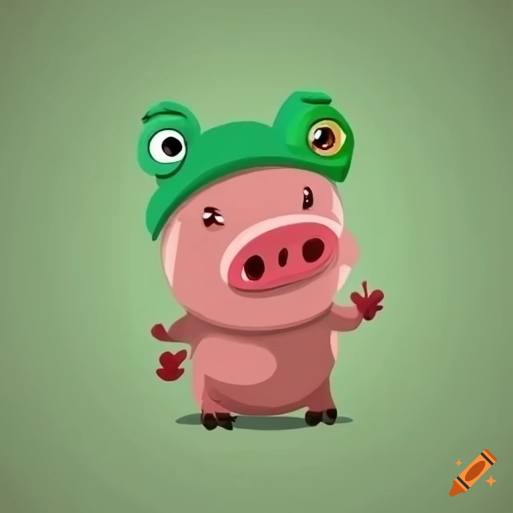 Adorable cartoon pig with frog-shaped winter hat on Craiyon