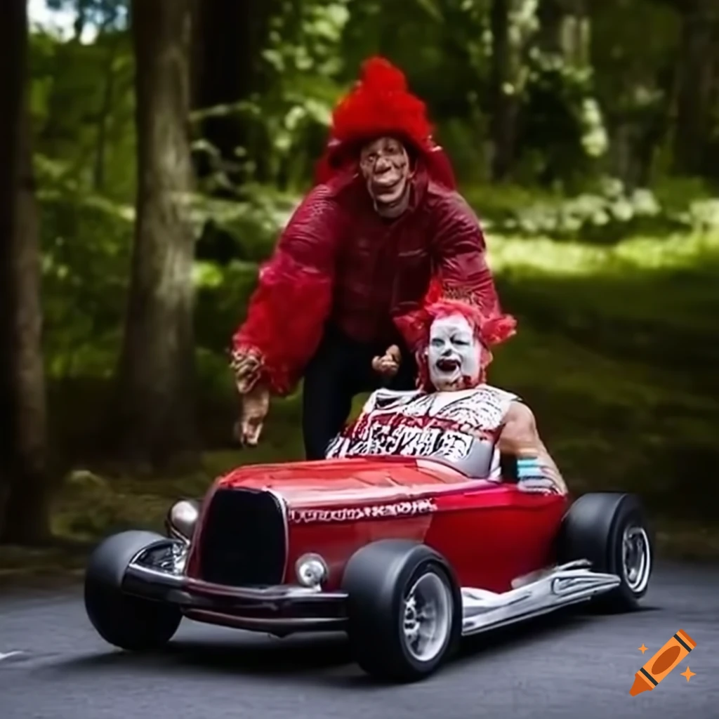 Dwarf dwayne johnson driving a clown car on a race circuit on Craiyon