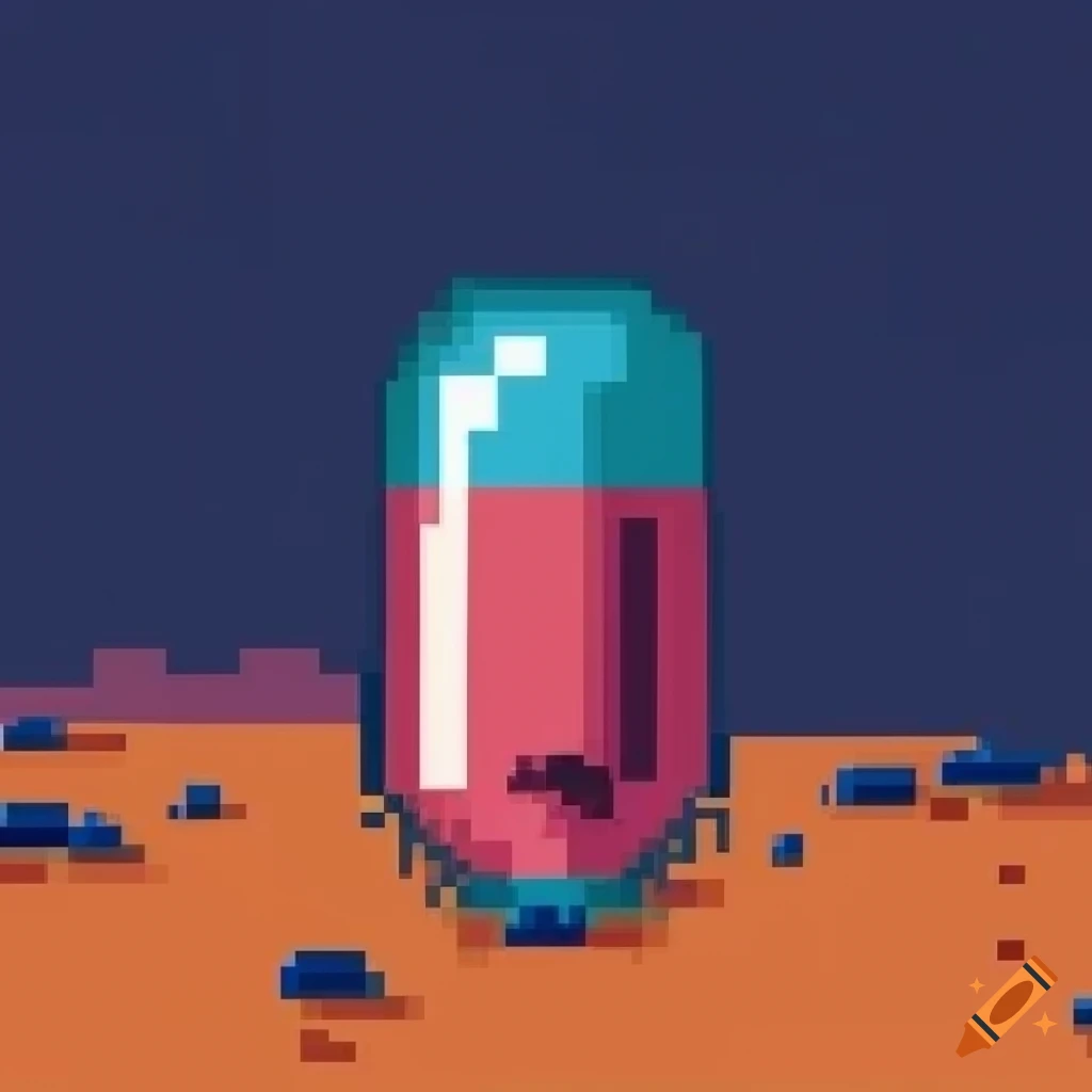 Pixel art of a pill and bacteria in the desert on Craiyon