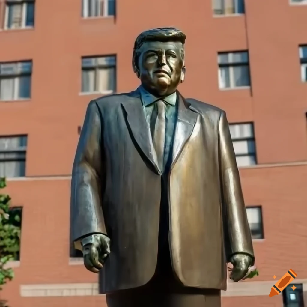 Bronze statue of a political figure in front of a brick building on Craiyon
