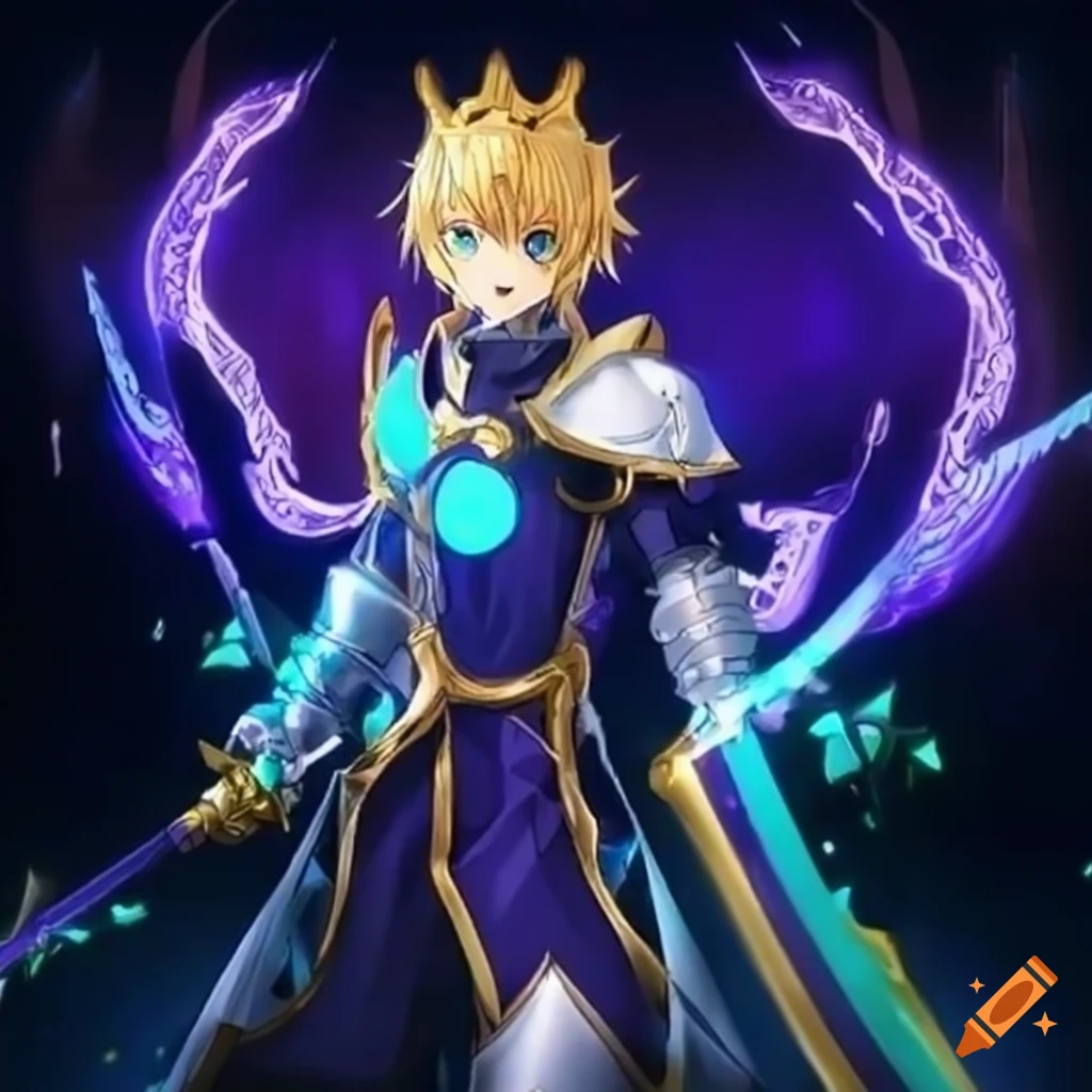 Anime celestial knight with light-infused weapons on Craiyon