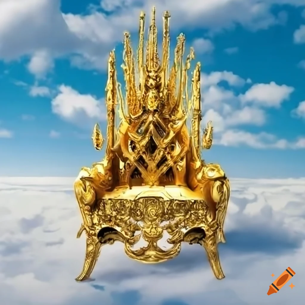Golden throne suspended in the sky amidst clouds on Craiyon