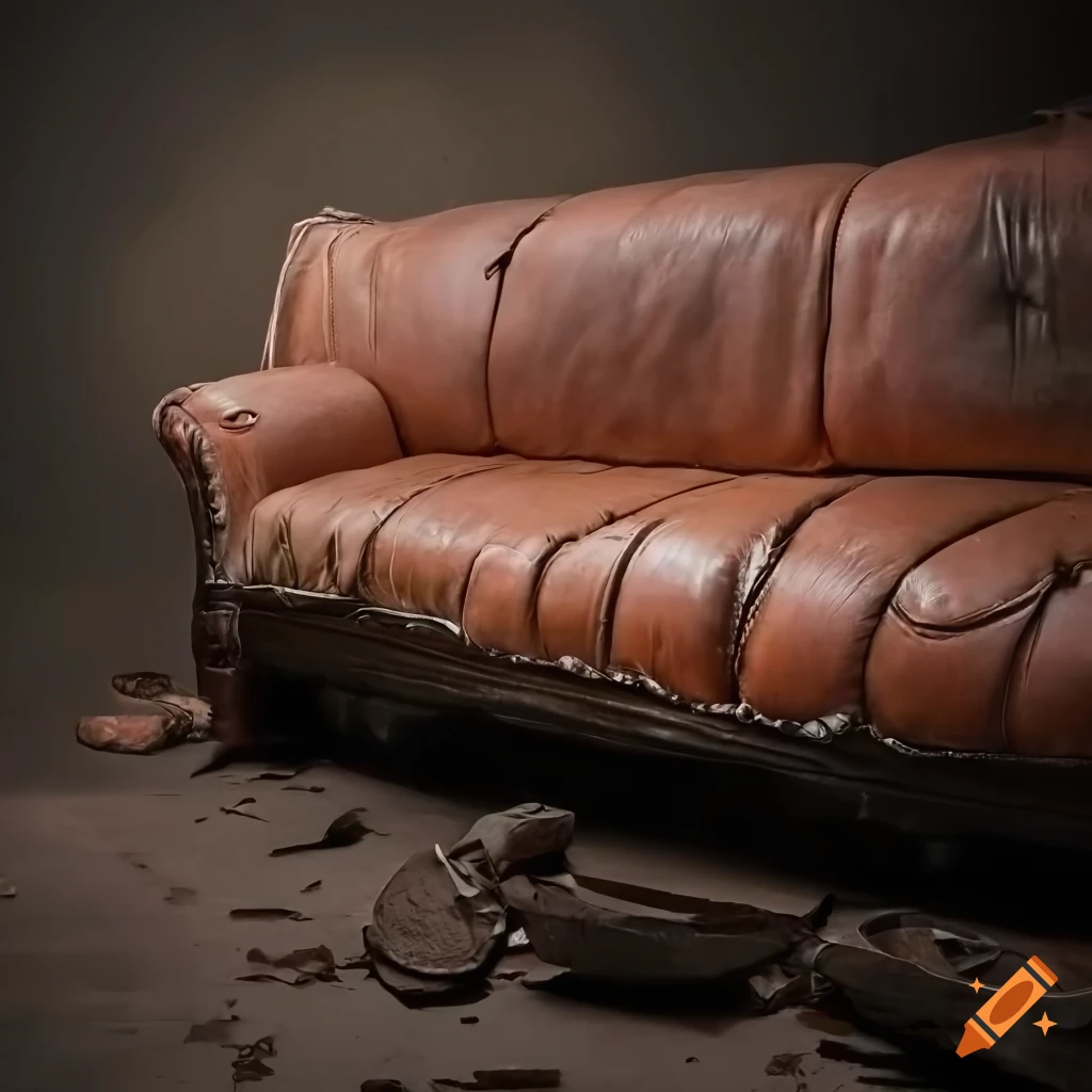 Worn leather couch covered in debris with peach piping under foggy ...