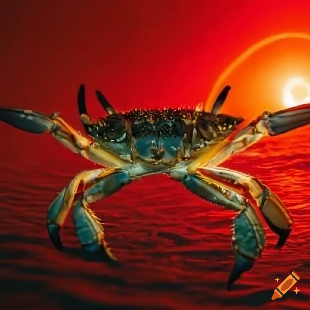Beach scene with two massive crabs on an island under a red sun on Craiyon