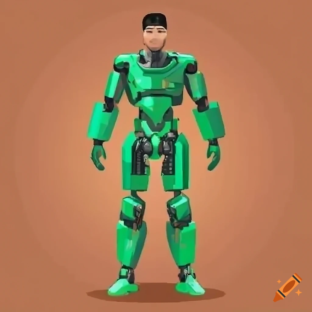 Realistic 16-bit male character in green robot suit on orange ...