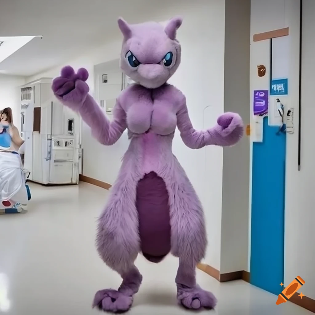 Nurses in full body mewtwo fursuit mascot costumes at hospital on Craiyon