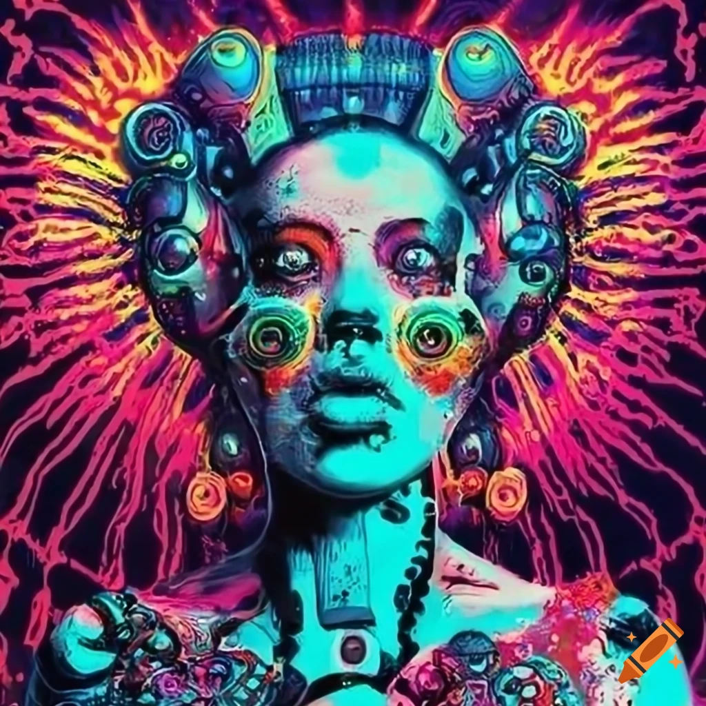 Psychedelic land 60's poster cyborg in 4k resolution on Craiyon