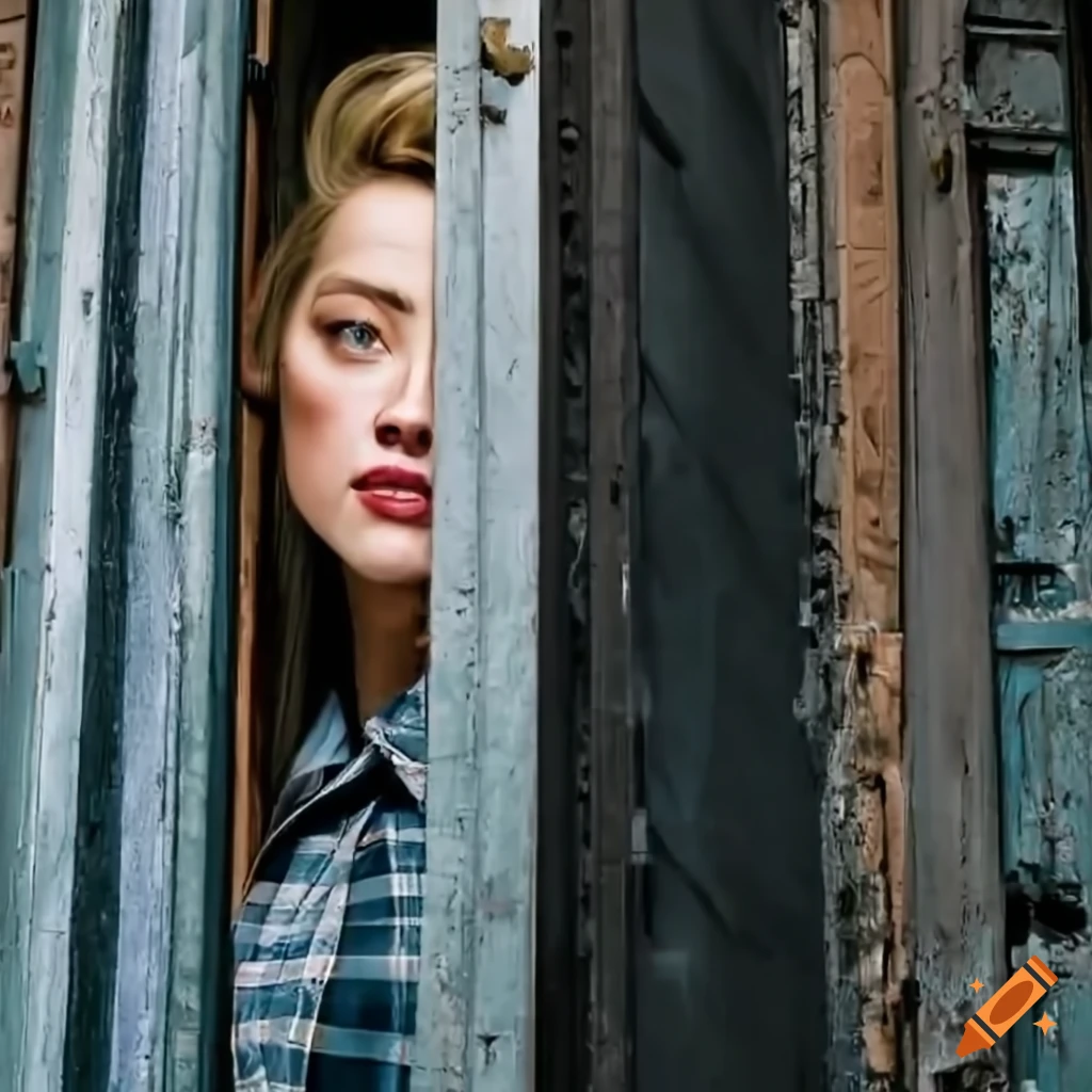 Young Woman In Country Plaid Shirt And High Waist Black Leather Trousers Peeking Through A