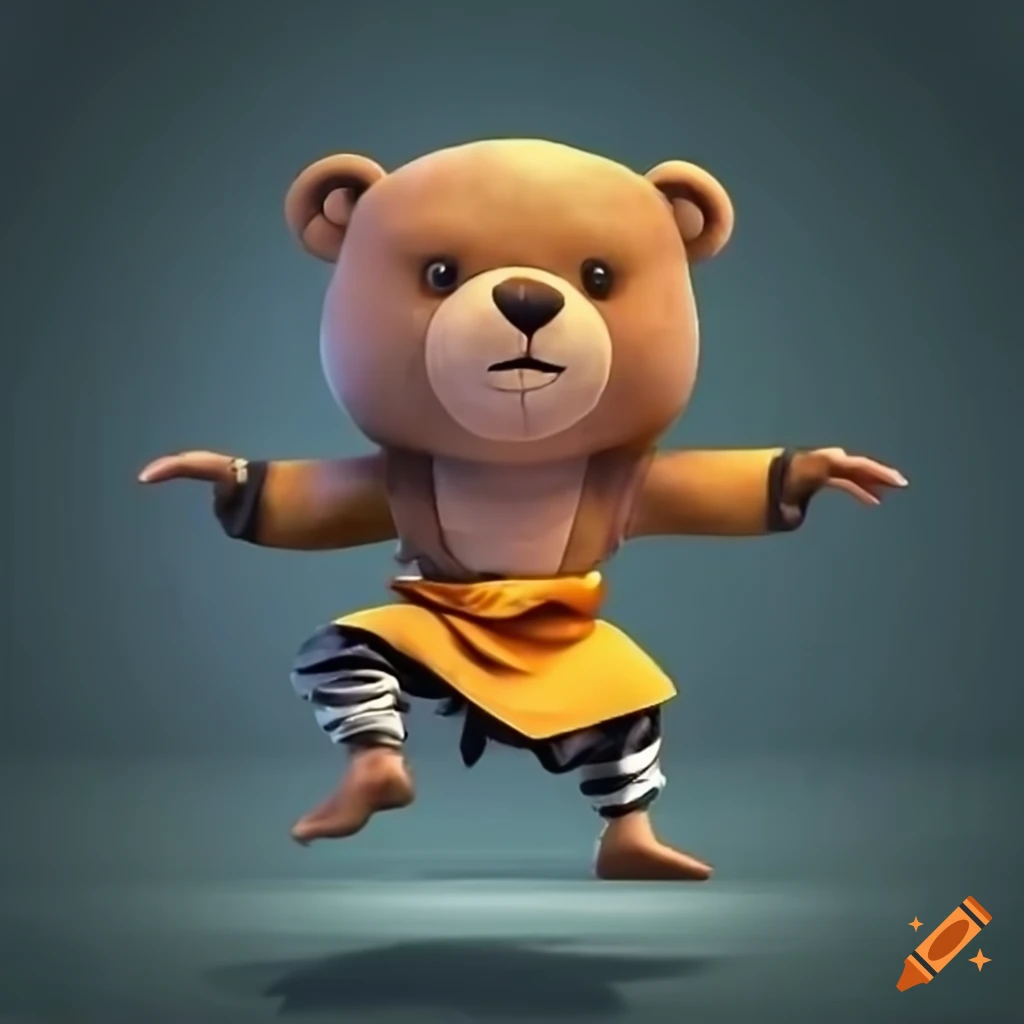 Animated shaolin monk teddy bear confronting alien invasion on Craiyon