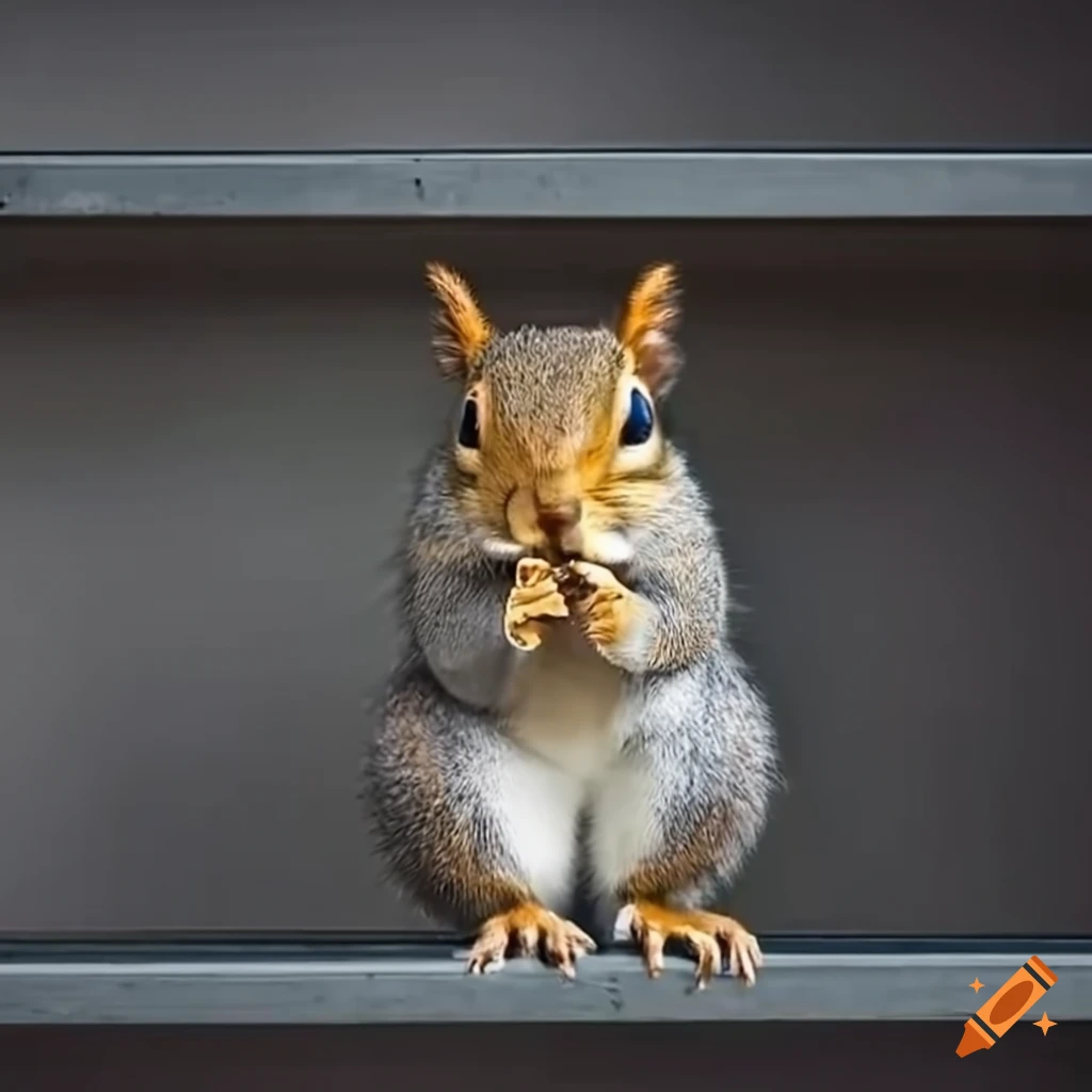 Playful grey squirrels foraging in a modern building with metal shelves ...