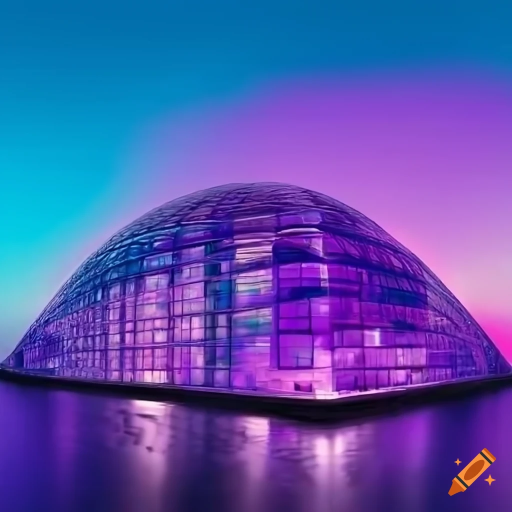 Glass building with purple seashell surrealistic colors on Craiyon