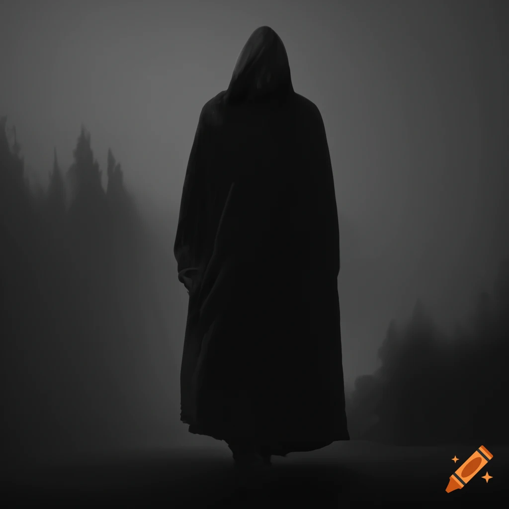 Silhouette of a man standing in mist in a 4k ultra-realistic black and ...