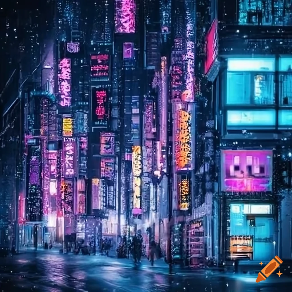 Cyberpunk metropolis with neon lights in a snow-covered cityscape on ...
